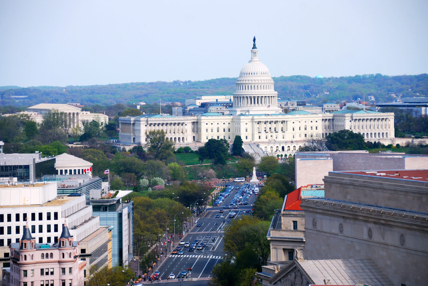 Washington DC aerial view with capitol hill building and street ...